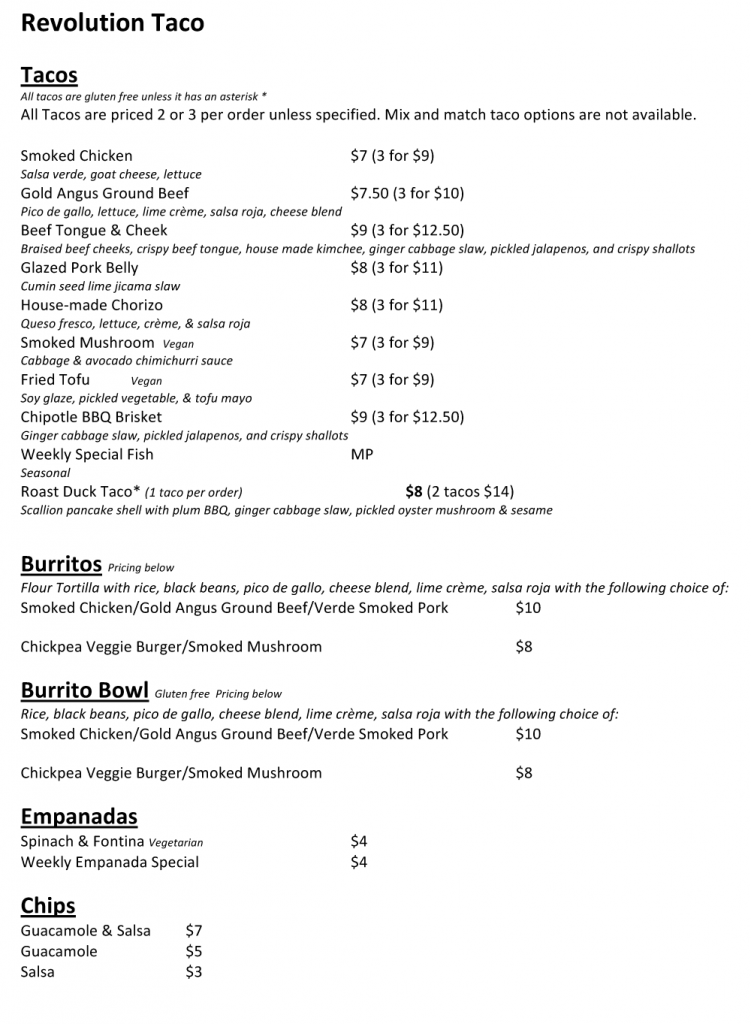 Opening Menu at Revolution Taco